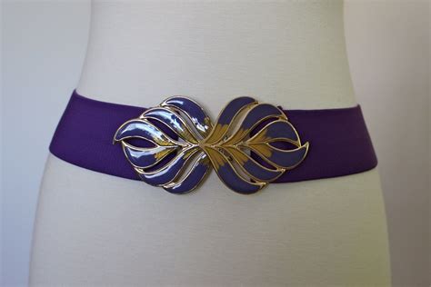 Vintage 1980s Purple Yellow Gold Stretch Belt With Double Leaf Buckle