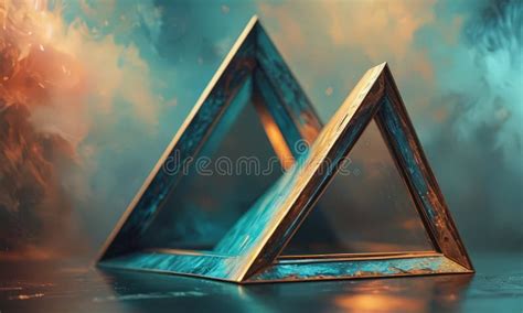 Triangular Metallic Sculpture With Dark Blue Hue And Warm Orange Glow