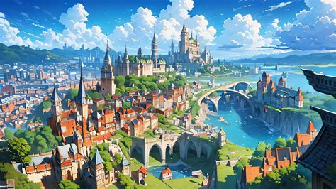 Anime City With A Bridge And A Castle In The Background Seaart Ai