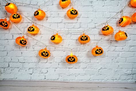 Pumpkin Lights Led For Halloween Decorations On White Brick Wall