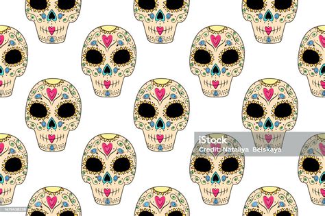트렌디한 색조의 설탕 두개골의 벡터 매끄러운 패턴 Dia De Los Muertos 죽은 자의 행복한 날 고딕 양식에 대한 스톡