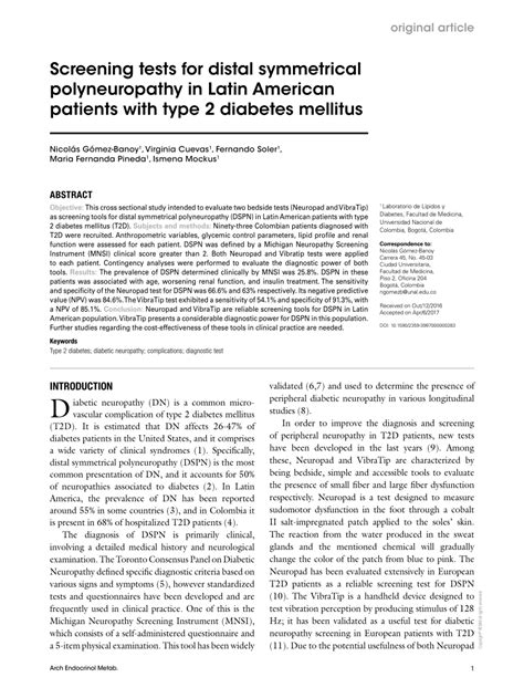 Pdf Screening Tests For Distal Symmetrical Polyneuropathy In Latin American Patients With Type