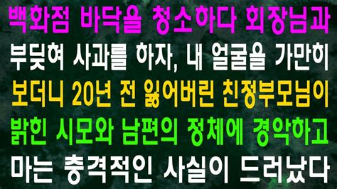 백화점 바닥을 청소하다 회장님과 부딪혀 사과를 하자 내 얼굴을 가만히 보더니 20년 전 잃어버린 친정부모님이 밝힌 시모와