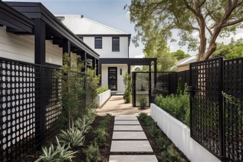 Contemporary House With Black Metal Fence And White Trellises Stock