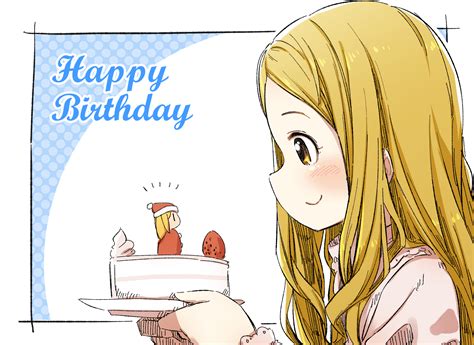 Safebooru 1girl Blonde Hair Blue Background Blush Brown Eyes Cake Cake Slice Character Request