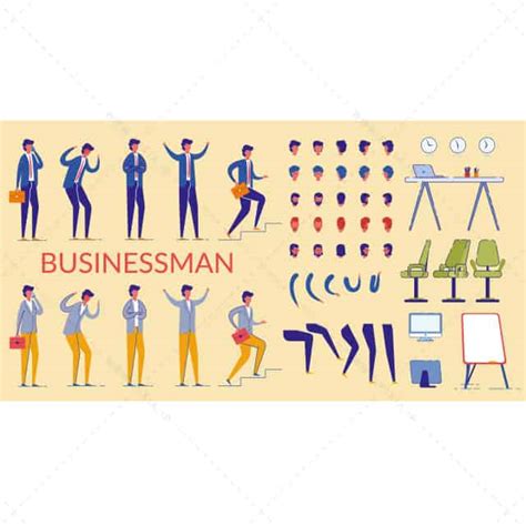 وکتور لایه باز کاراکتر بیزینس‌من در حالات مختلف و دو رنگ کاراکتر