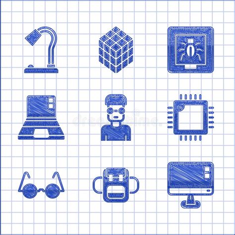 Set Nerd Geek School Backpack Computer Monitor Screen Processor With