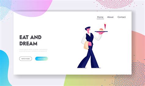 호스피탈리티 서비스 웹사이트 방문 페이지 파스타와 소스와 레드 와인과 접시의 유리와 균일 한 운반 트레이를 입고 웨이터 레스토랑