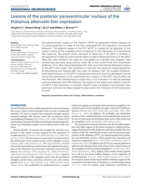 Pdf Lesions Of The Posterior Paraventricular Nucleus Of The Thalamus Attenuate Fear Expression