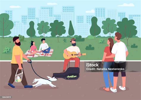 스트리트 플랫 컬러 벡터 일러스트레이션의 기타리스트 거리 음악가에 대한 스톡 벡터 아트 및 기타 이미지 거리 음악가 야외 콘서트 Istock