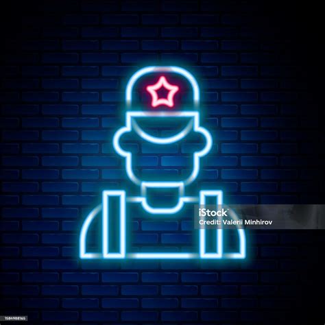 빛나는 네온 라인 보안관 카우보이 모자는 벽돌 벽 배경에 분리된 별 배지 아이콘입니다 경찰 다채로운 개요 개념입니다 벡터 가공의 인물에 대한 스톡 벡터 아트 및 기타 이미지