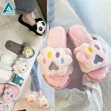 รองเท้าใส่ในบ้าน ลายน่ารัก รองเท้าสลิปเปอร์ รองเท้า Slippers สลิปเปอร์ ผ้าขนนุ่มใส่สบาย At