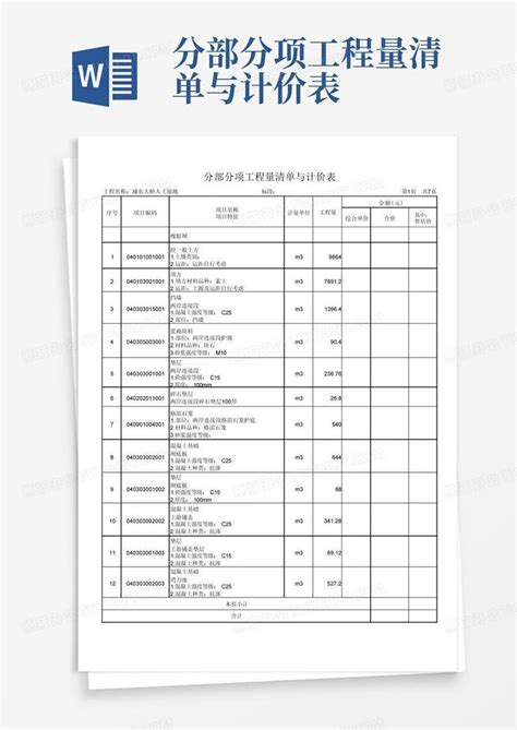 分部分项工程量清单与计价表word模板下载编号qrxrmdmr熊猫办公