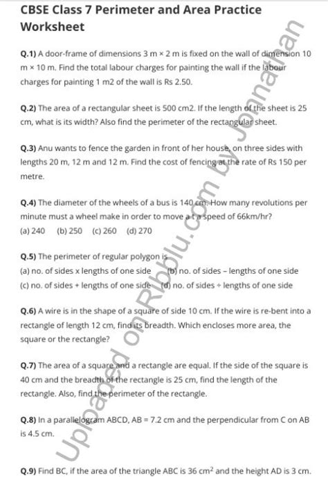 Perimeter And Area Worksheets For Class 7 Maths Chapter 11 Area And