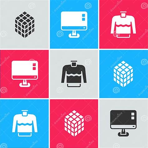 set rubik cube computer monitor screen and sweater icon vector stock vector illustration of