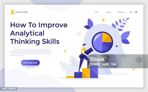 사람이 오름차순 막대 차트와 돋보기를 통해 머리를 보고 있는 랜딩 페이지 템플릿 분석적 사고 데이터 분석 비즈니스 분석의 개념 현대 평면 벡터 그림입니다 개념에 대한 스톡