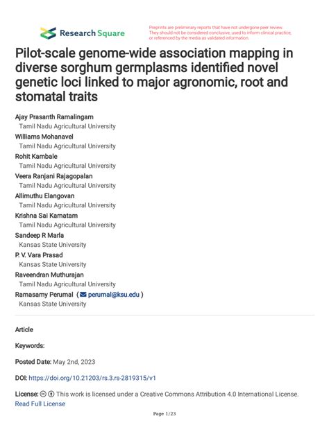 Pdf Pilot Scale Genome Wide Association Mapping In Diverse Sorghum