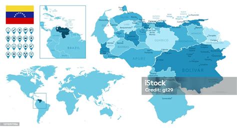ベネズエラは世界地図上の国の旗と場所と行政青地図を詳述しました 地図のベクターアート素材や画像を多数ご用意 地図 アイコン