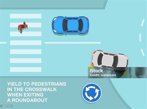 安全運転のヒントと交通規制規則ラウンドアバウト内の優先順位ラウンドアバウトを出るときに横断歩道で歩行者に譲ります平面図 イラストレーション