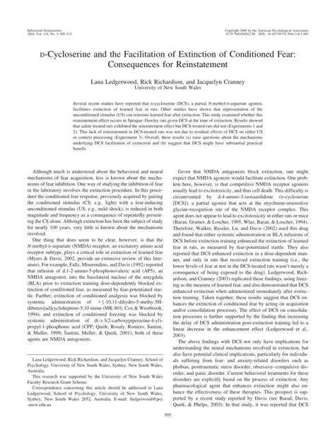 Pdf D Cycloserine And The Facilitation Of Extinction Of Conditioned