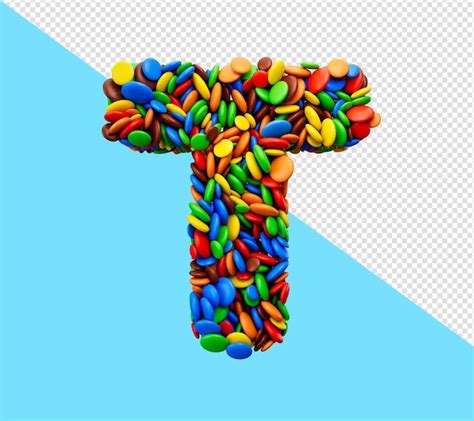 Letra t de doces de arco íris multicoloridos ilustração 3d isolada
