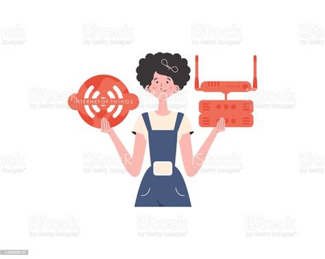 한 여성이 사물 인터넷 로고를 손에 쥐고 있습니다 라우터 및 서버 Iot 개념 격리 플랫 스타일의 벡터 일러스트레이션입니다 가상