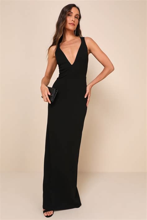 Black Plunge Neckline Gown Black Maxi Dress Column Maxi Dress Lulus