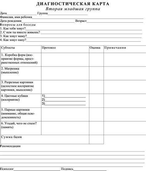 Образец диагностическая карта психолога