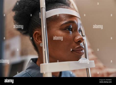 Laser Vision Or Black Woman In Eye Exam For Eyesight At Optometrist Or