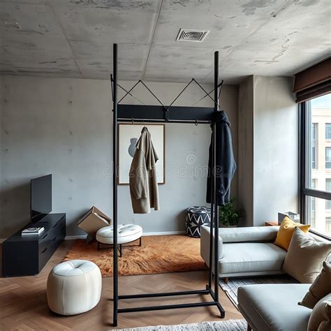A Geometric Coat Rack With Angular Metal Shapes In A Contemporary Urban Apartment With Exposed