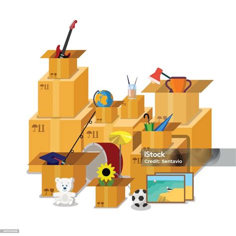 Kotak Kardus Isometrik Datar Penuh Dengan Ilustrasi Vektor Barang 3d