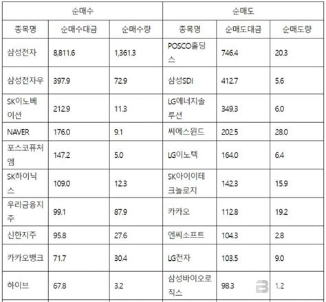 코스피 외국인 순매수도 상위 10종목7일삼성전자 삼성전자우 Sk이노베이션