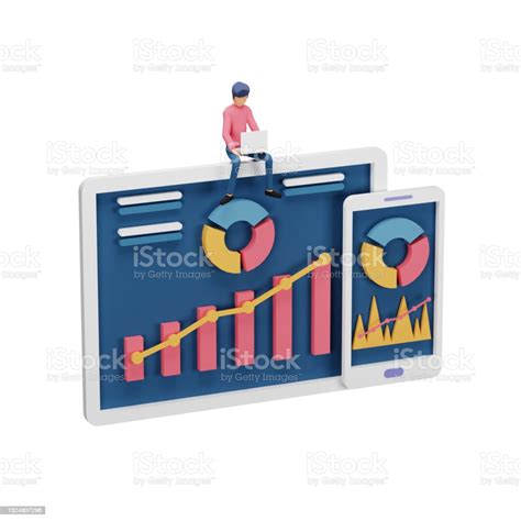 컴퓨터 화면에 작은 사람들 문자 테이블 그래픽 개체와 디지털 마케팅 전략 개념의 3d 렌더링 방문 페이지 및 모바일 웹 사이트