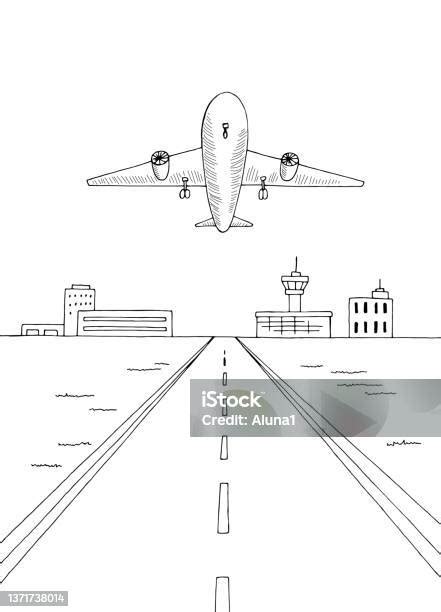 공항 외부 평면 이륙 그래픽 검정 흰색 수직 스케치 일러스트 벡터 공항에 대한 스톡 벡터 아트 및 기타 이미지 공항 라인