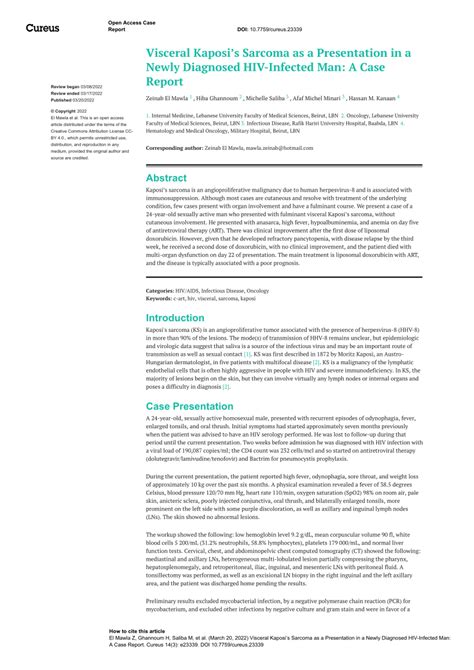 Pdf Visceral Kaposis Sarcoma As A Presentation In A Newly Diagnosed
