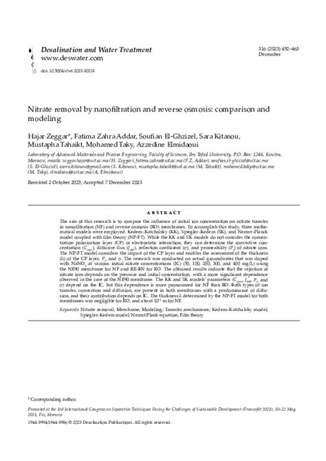 Pdf Nitrate Removal By Nanofiltration And Reverse Osmosis Comparison