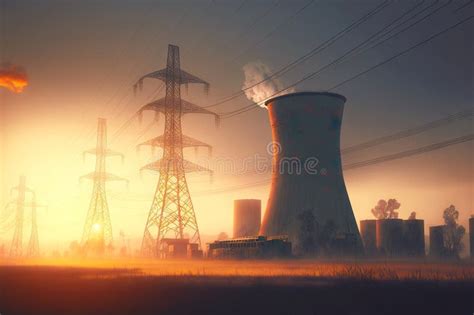 Sunlit Pipes Of Nuclear Reactor Turbine In Empty Field Stock