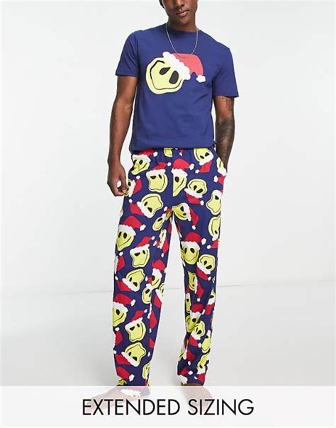 Asos Design Christmas Pyjama Set With T Shirt And Lounge Bottom In Blue