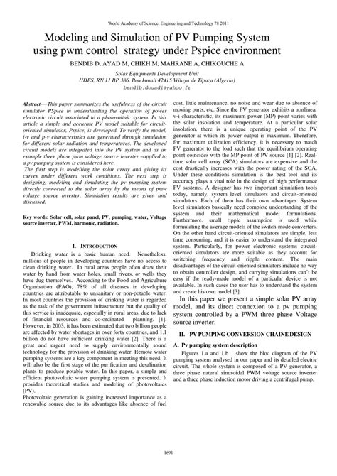 Pdf Modeling And Simulation Of Pv Pumping System Using Pwm Control