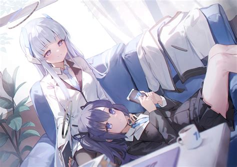 Girls Blue Archive Blush Book Couch Drink Gray Hair Halo Hayase Yuuka