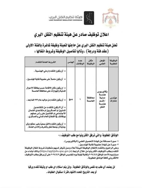 اعلان وظائف شاغرة بالفئة الأولى عقد فئة ودرجةصادر عن هيئة تنظيم النقل