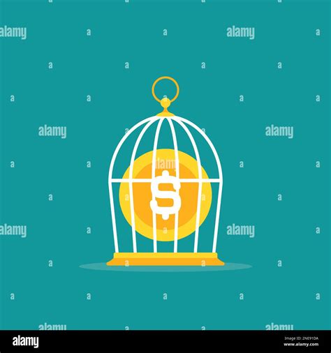 Locked Golden Bird Cage And Golden Dollar Coin With Wings Trap