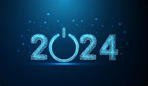 추상 2024번과 파란색 전원 버튼이 있는 새해 축하 카드 비즈니스 및 Ai 콘셉트 낮은 폴리 스타일 기하학적 배경 와이어프레임