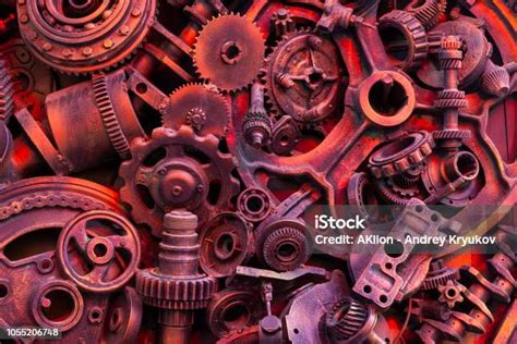 Steampunk 배경 기계 부품 큰 기어와 체인 기계와 트랙터에서 오래 된 녹슨 기계 부품입니다 스프링 베어링 피스톤 크랭크축