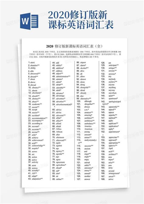 2020修订版新课标英语词汇表Word模板下载 编号lzywxwvb 熊猫办公
