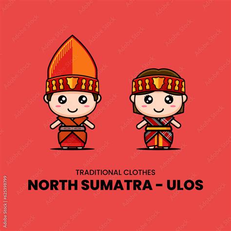 Illustration Of Cute Couple Kawaii Chibi Characters Wearing Ulos Traditional Clothes From North