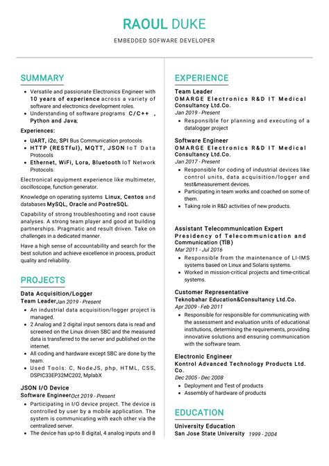Embedded Software Developer Resume In 2025 Resumekraft