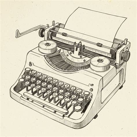 Detailed Line Drawing Of A Vintage Typewriter With A Sheet Of Paper Inserted The Stock