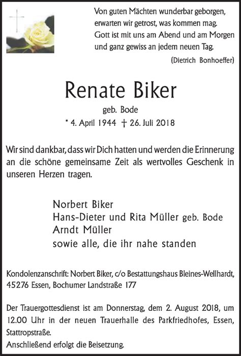 Traueranzeigen Von Renate Biker Trauer In NRW De