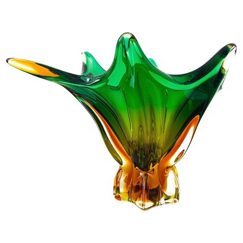 Mid Century Modern Abstract Murano Glass Vase In Green And Gold Italy